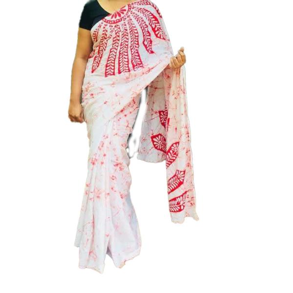 Chic Two-Tone Handcrafted Batik Saree – Red & White | Sinha Batik